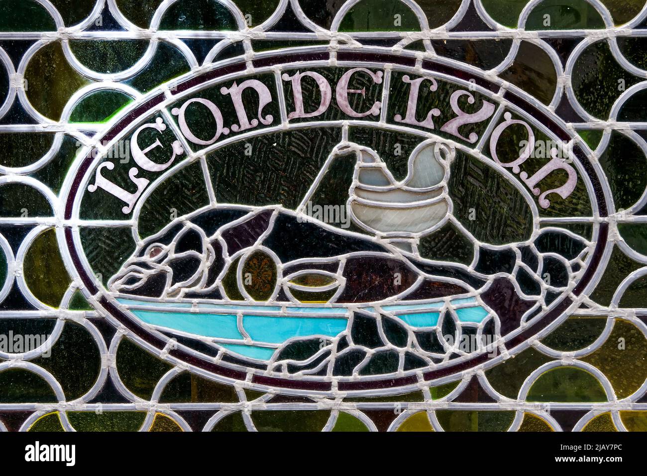 Stained-glass window, Leon de Lyon restaurant, Croix-Rousse district ...