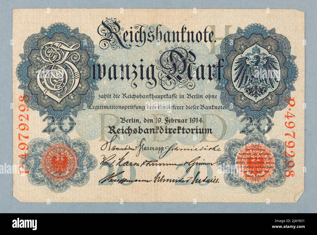 Banknote on 20 Mark, Reichsbanknote, Germany, 19.02.1914 Stock Photo ...