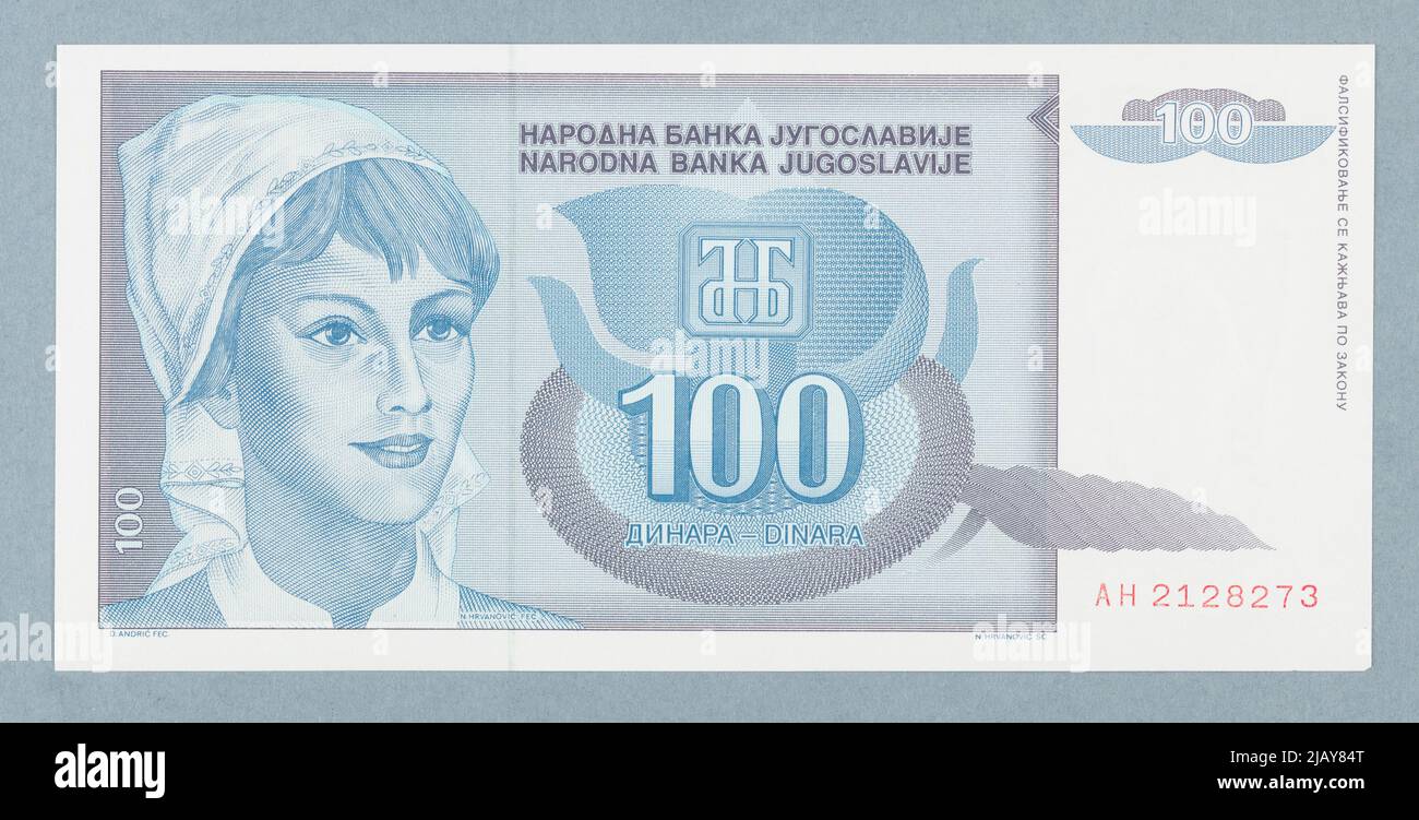 Banknote for 100 Dinara, National Bank Yugoslavia, Yugoslavia, 1992 ...