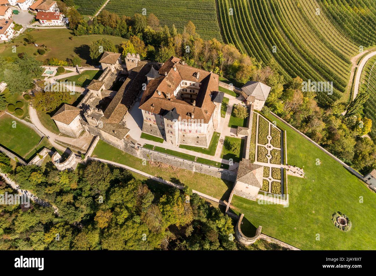 Aerial View of Castel Thun, gothic, medieval hilltop castle, Vigo di ...
