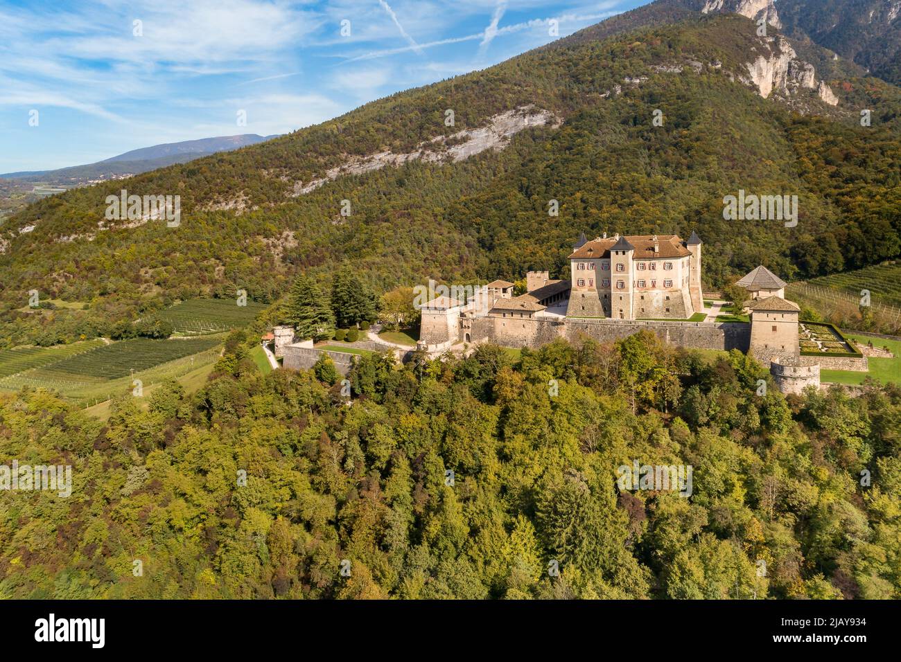 Aerial View of Castel Thun, gothic, medieval hilltop castle, Vigo di ...