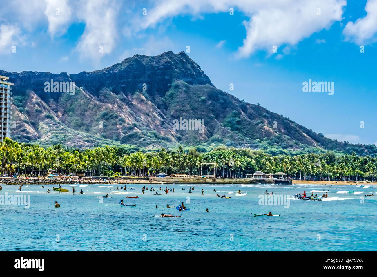 Colorful Waikiki Beach Surfers Swimmers Diamond Head Hotels Honolulu ...