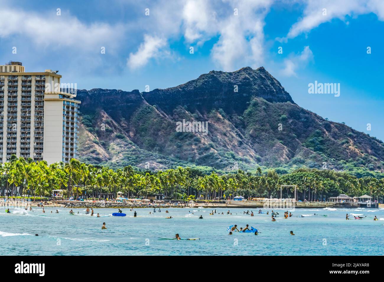 Colorful Waikiki Beach Surfers Swimmers Diamond Head Hotels Honolulu ...