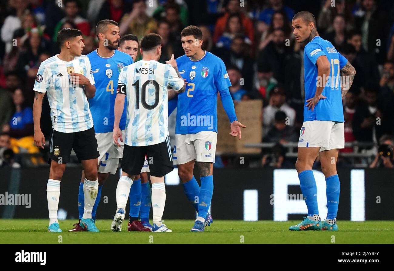 Argentina's Lionel Messi (centre) gestures towards Italy's Giovanni Di ...
