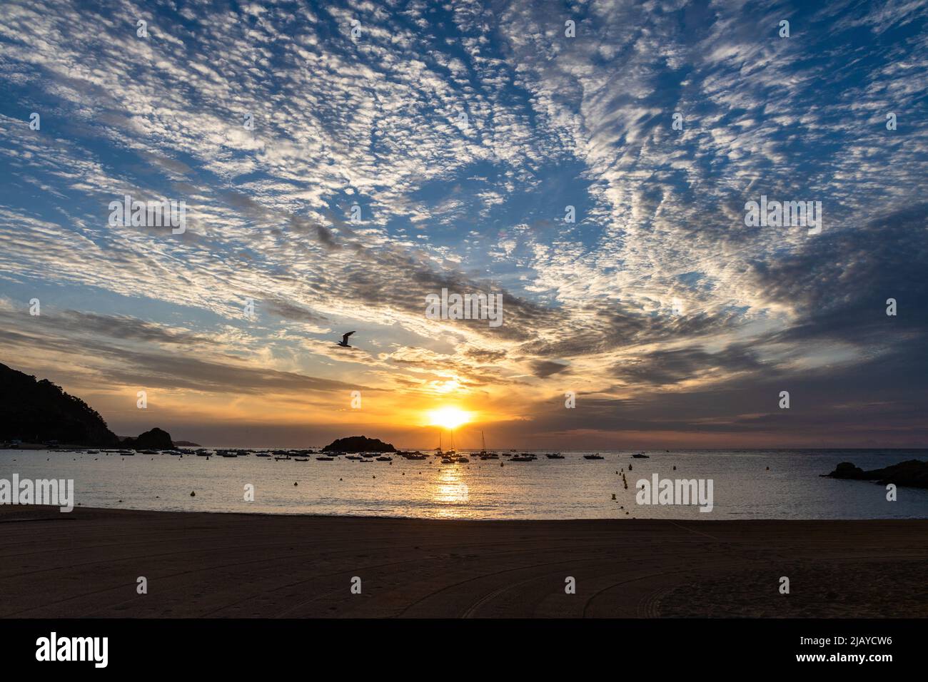 Sunrise on the bay of Tossa de mar, Spain, rising of the sun on the ...