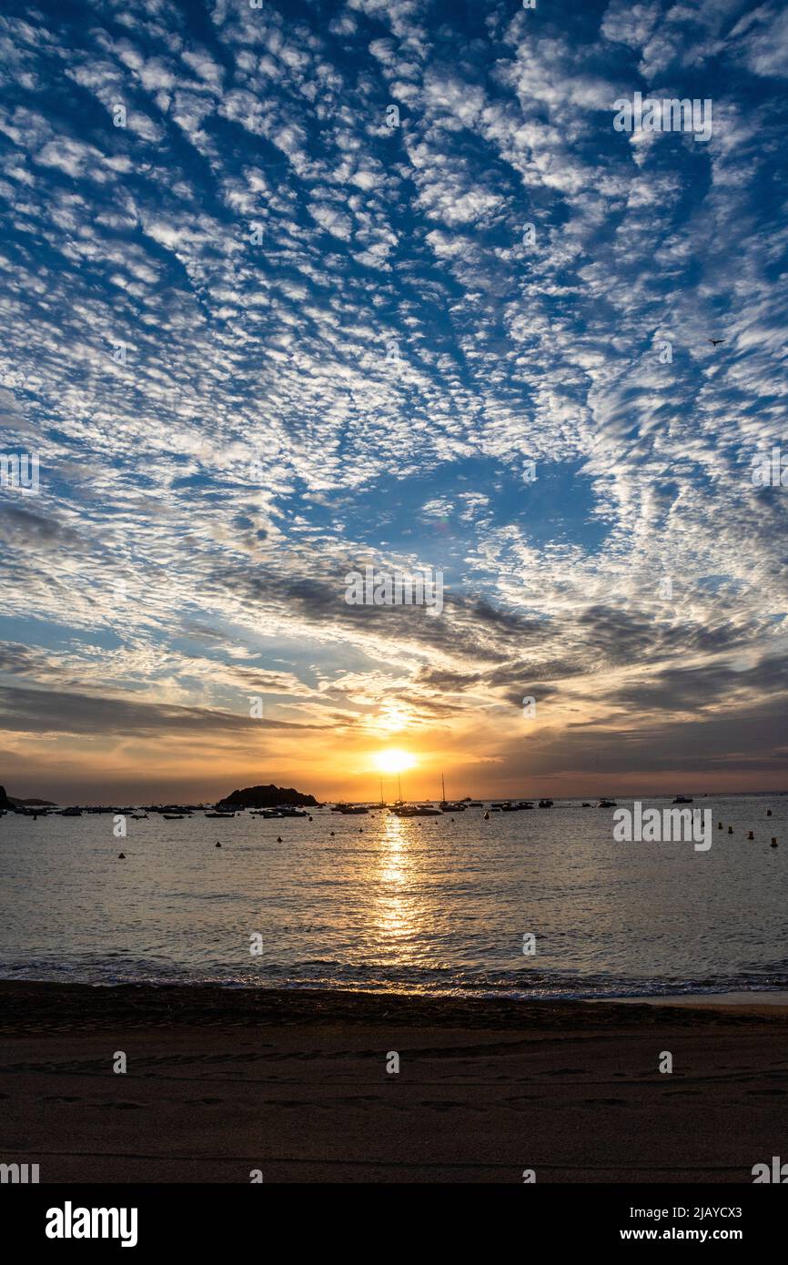 Sunrise on the bay of Tossa de mar, Spain, rising of the sun on the ...