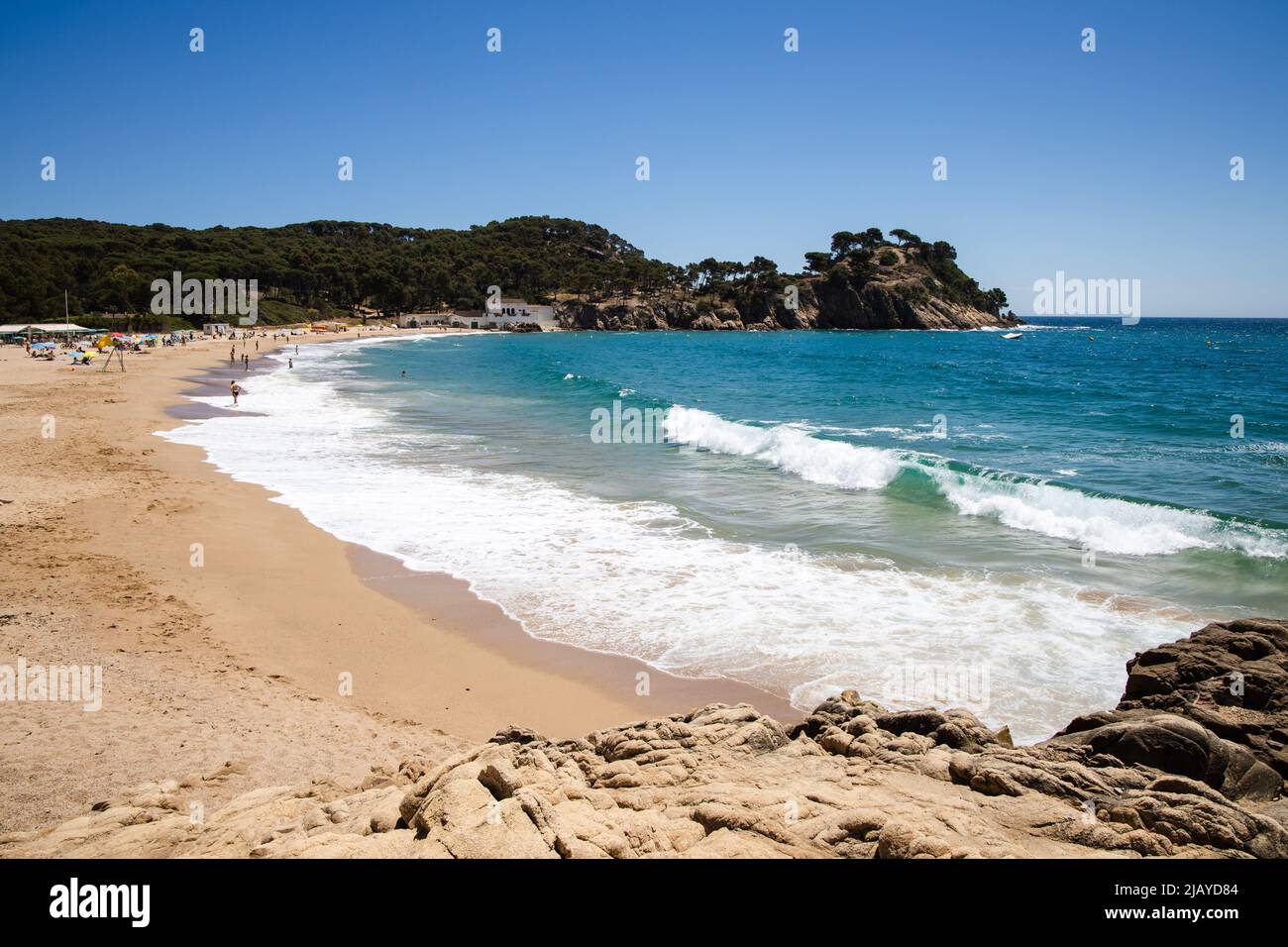 Cala de Castell in Costa Brava, sandy beach with sea in Palamos Stock ...
