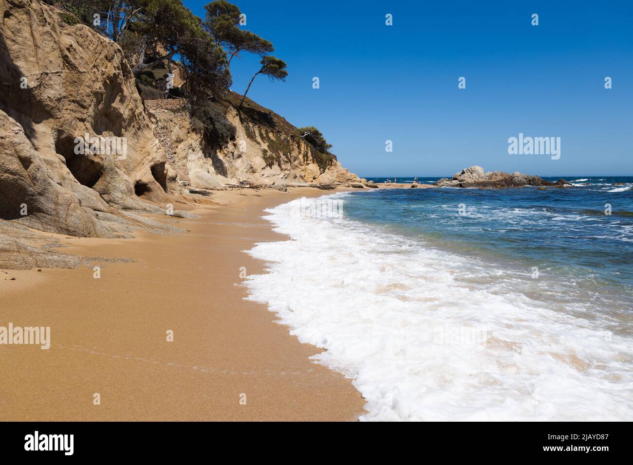 Cala estreta in Palamos, Costa Brava, Spain, view on sandy beach with ...