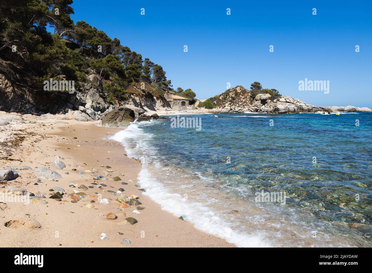 Cala estreta in Palamos, Costa Brava, Spain, view on sandy beach with ...