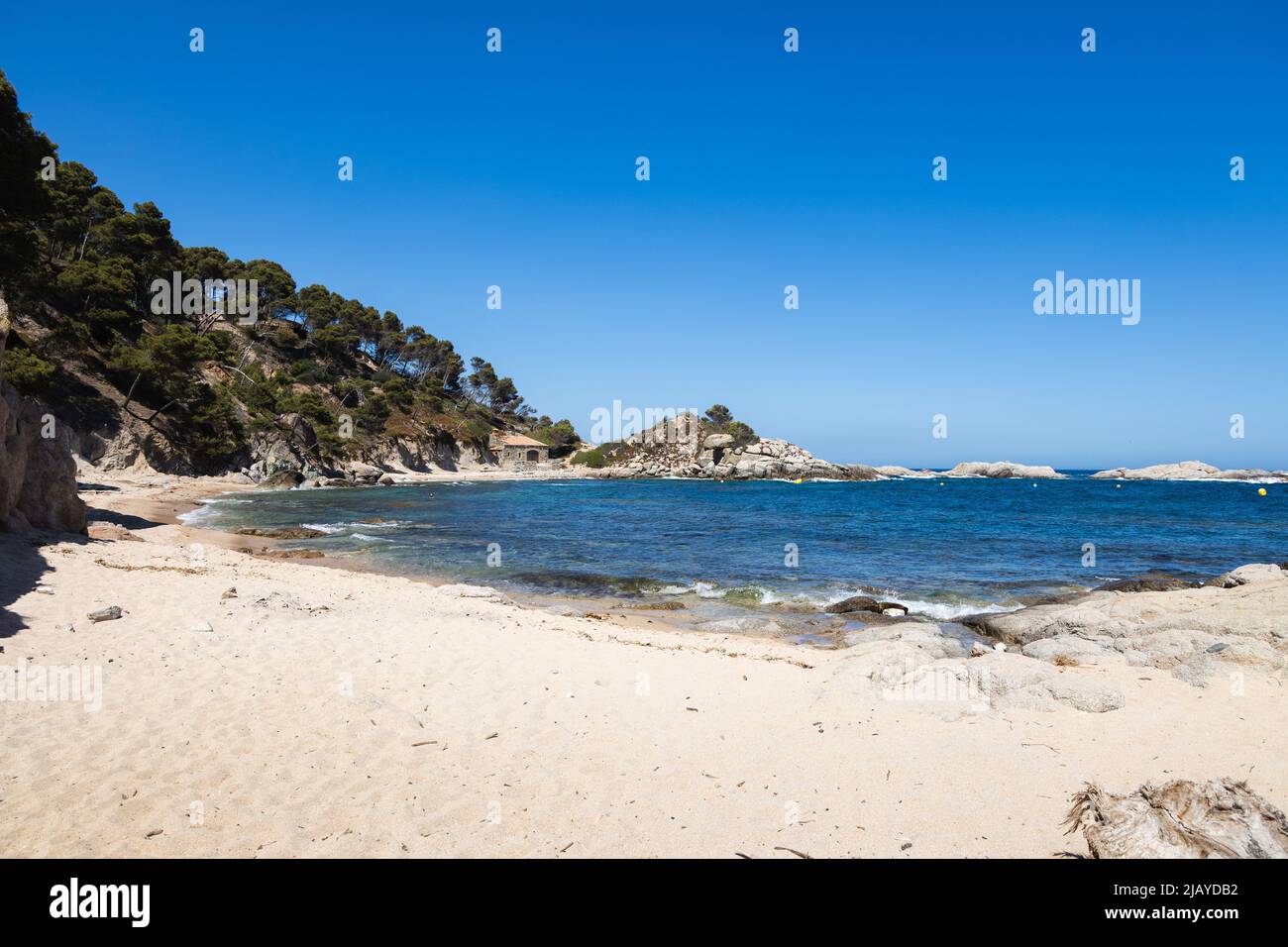 Cala estreta in Palamos, Costa Brava, Spain, view on sandy beach with ...