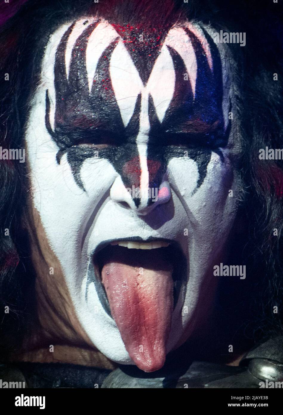 Dortmund, Germany. 01st June, 2022. Gene Simmons of U.S. hard rock band Kiss shows off his ...