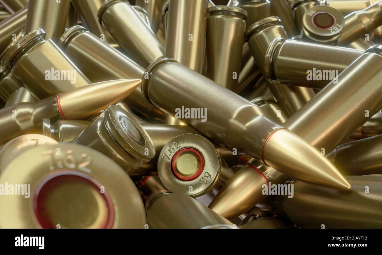 3d render illustration of a pile of rifle soviet ammunition. Close up ...