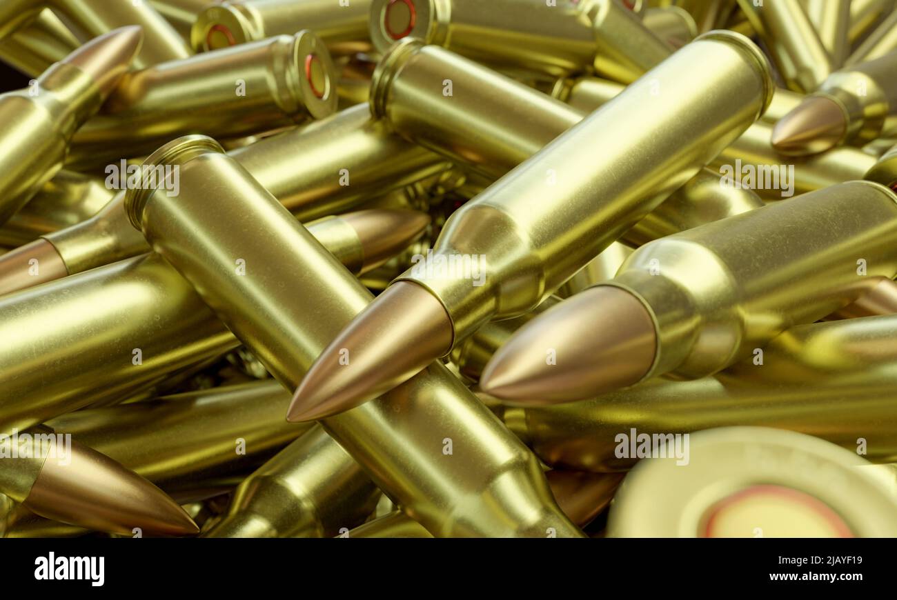 3d render illustration of a pile of rifle nato ammunition. Close up ...