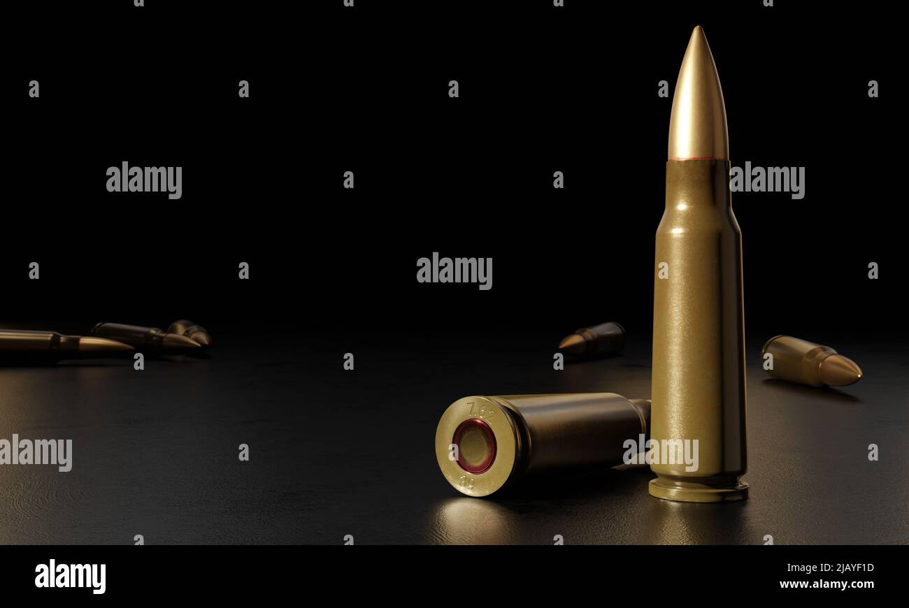 3d render illustration of a rifle ammunition on black background. Front ...