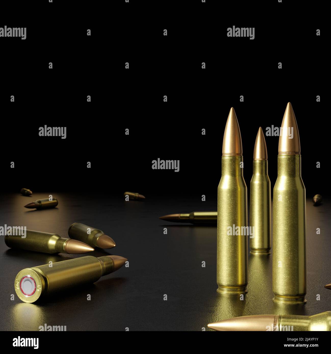 3d render illustration of a rifle ammunition on black background. Front ...