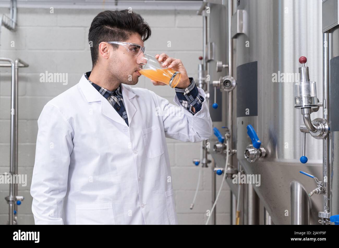 Brewer wearing white coat controlling process of beer fermentation ...