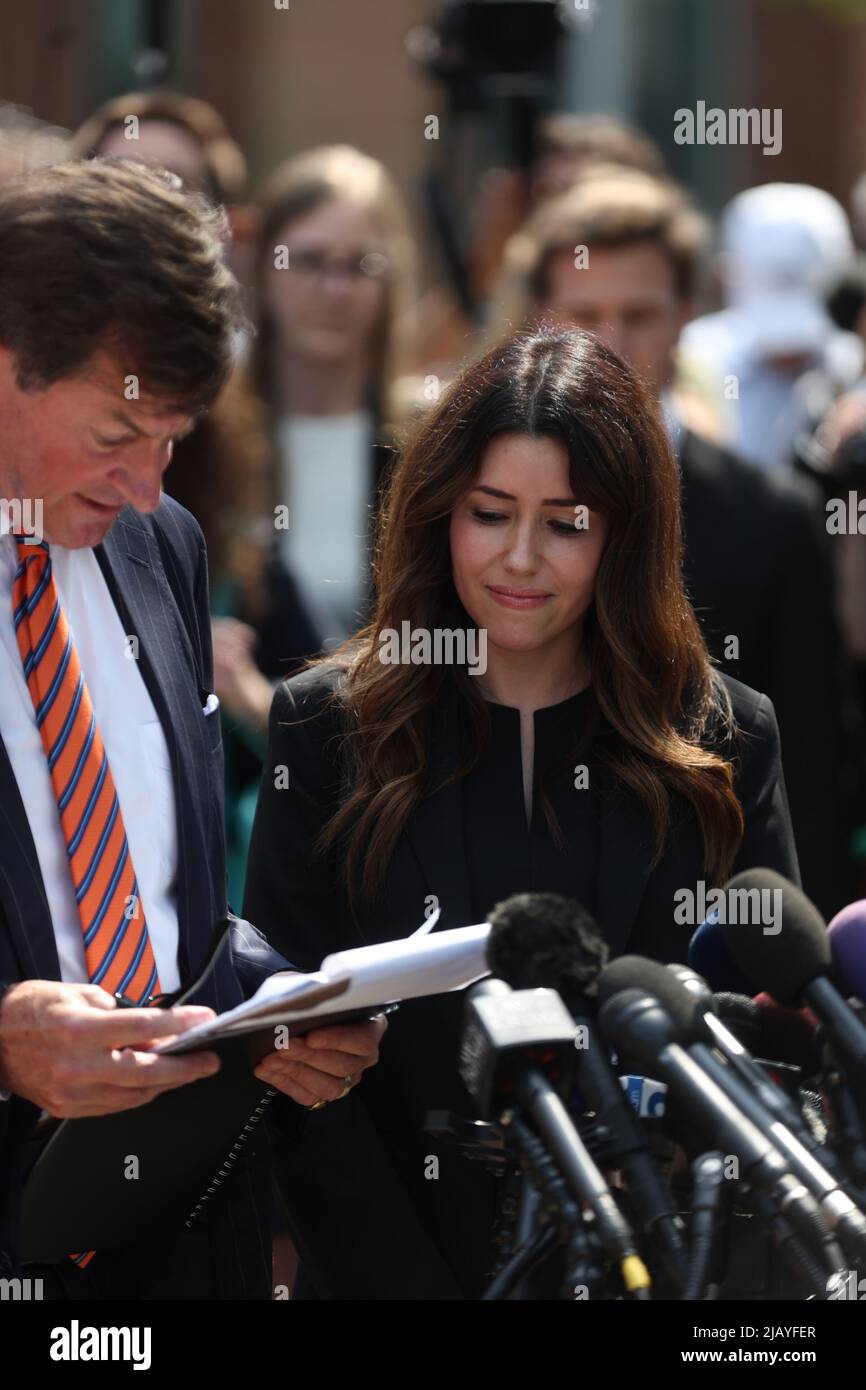 Fairfax, VA, USA. 1st June, 2022. Johnny Depp's lawyers Camille Vasquez and Ben Chew speak ...