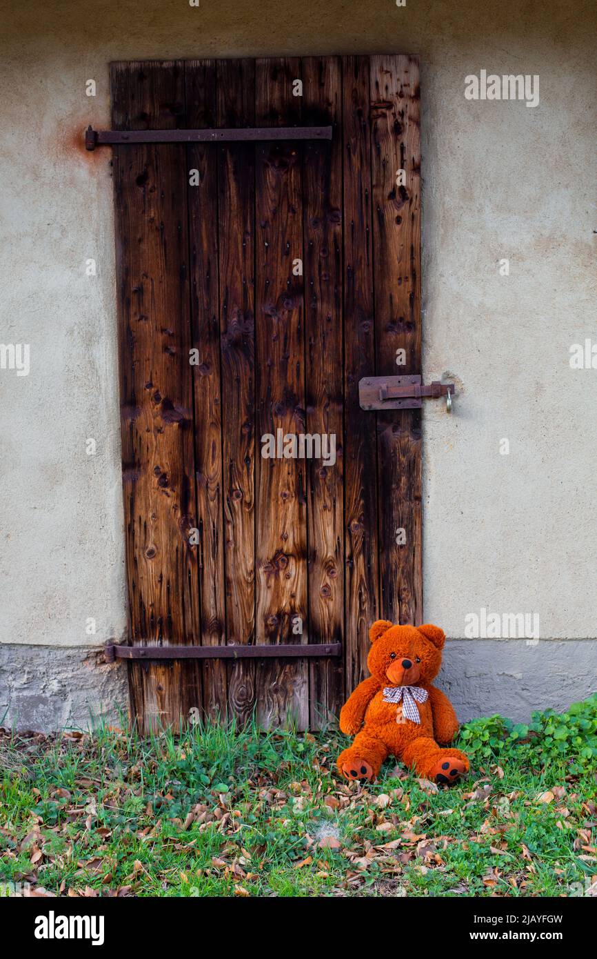 big brown teddy bear sitting in front of an old wooden door outside ...