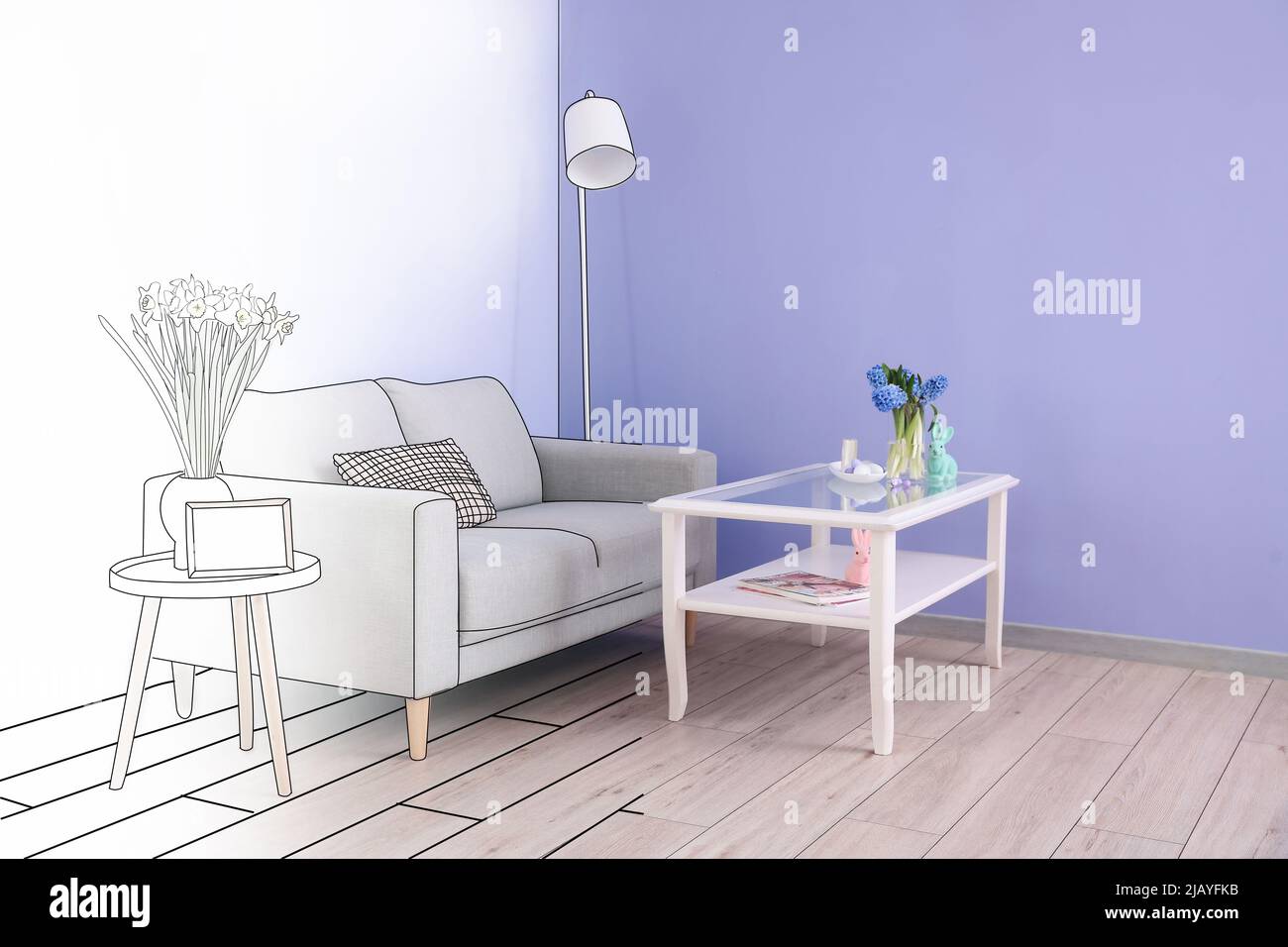 Sofa, table and lamp in living room. Interior design Stock Photo - Alamy