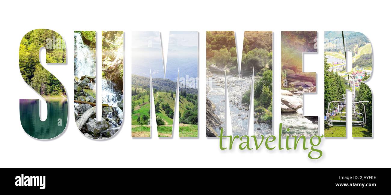 Collage with word SUMMER and beautiful landscapes on white background ...