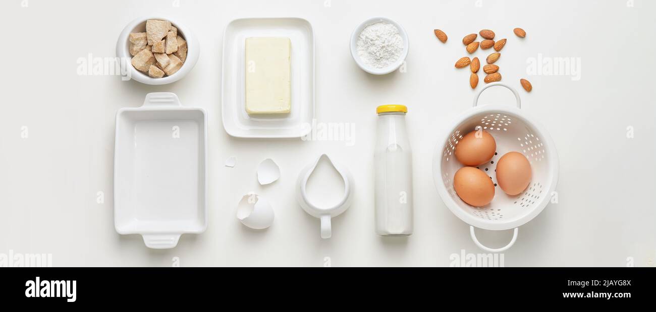 Ingredients for preparing bakery on light background Stock Photo - Alamy