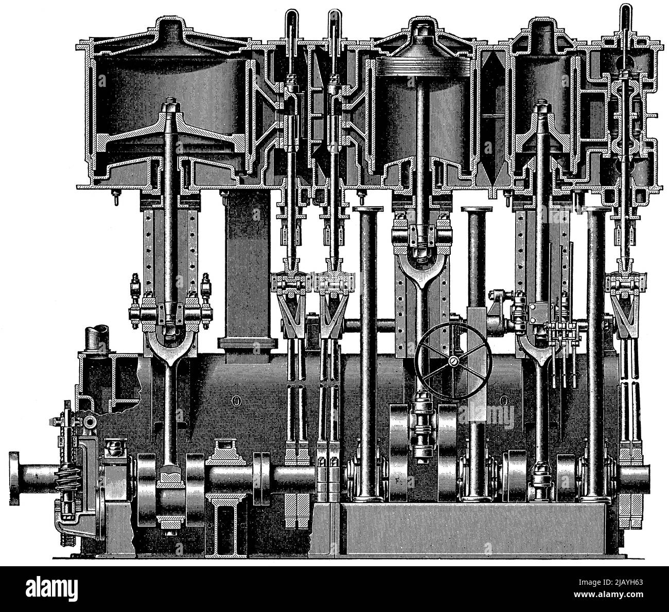 Vertical section along crankshaft. Ship engine (triple expansion engine ...