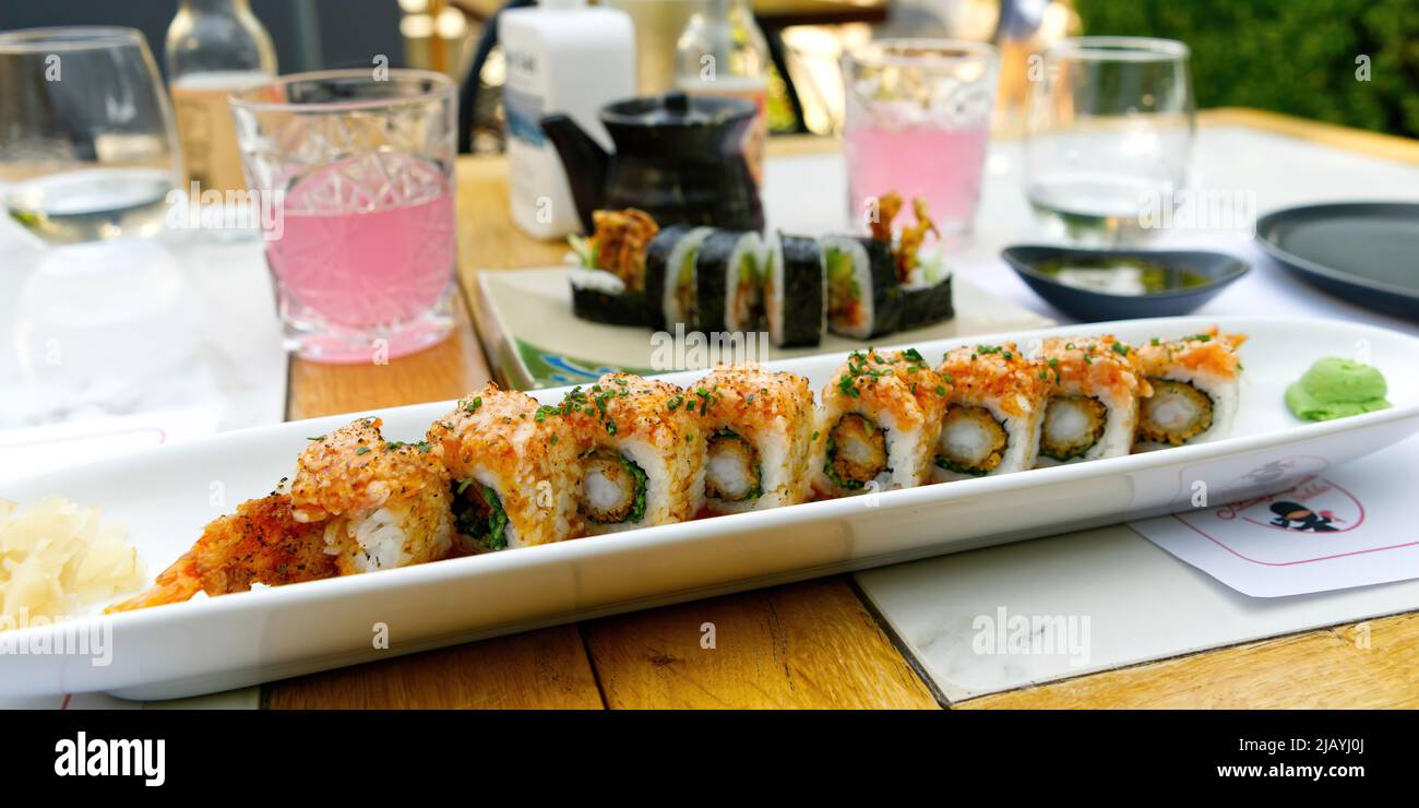sushi restaurant. Outside table set up and dish presentation. Raw ...