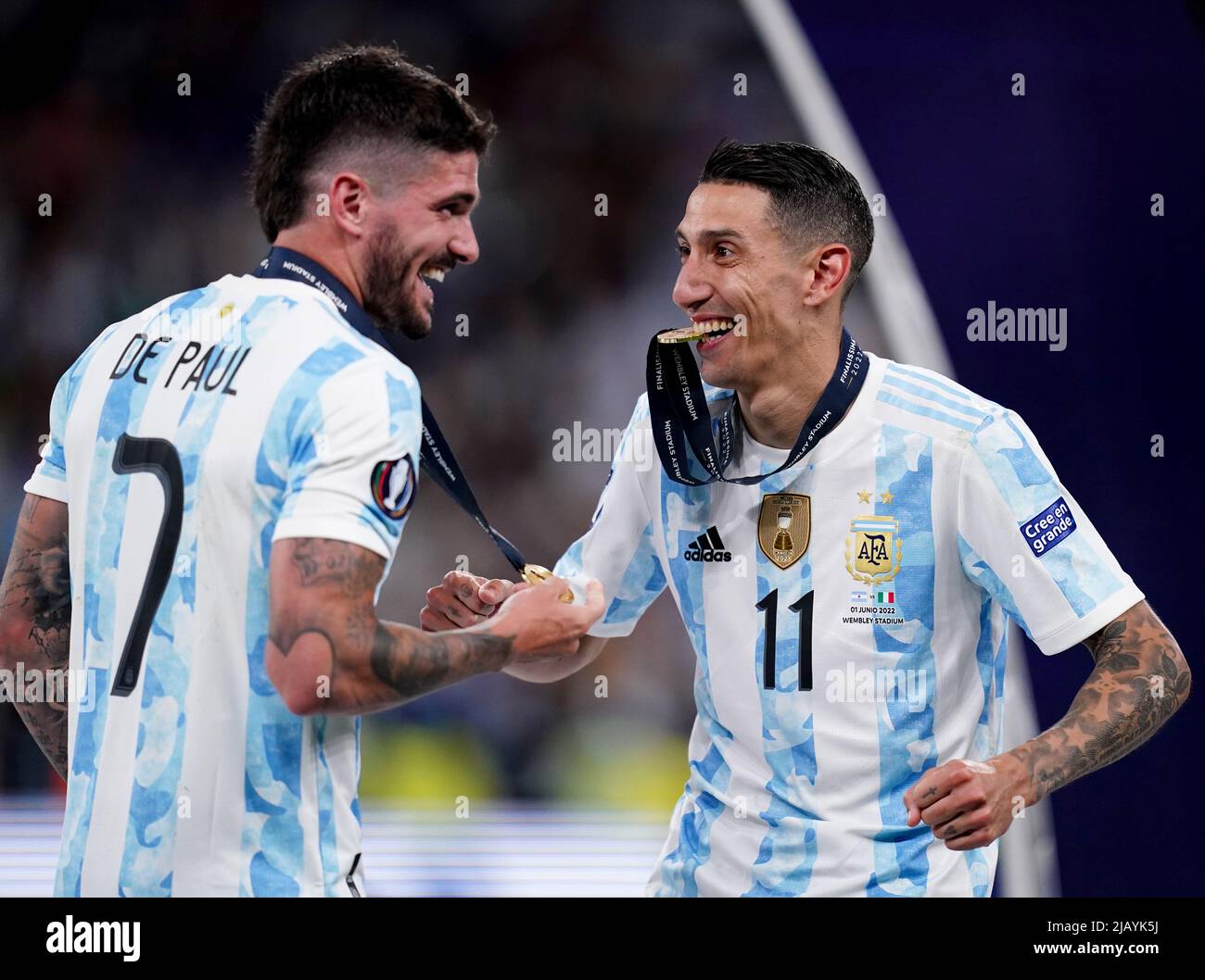 Argentina’s Rodrigo De Paul (left) and Angel Di María celebrate with ...