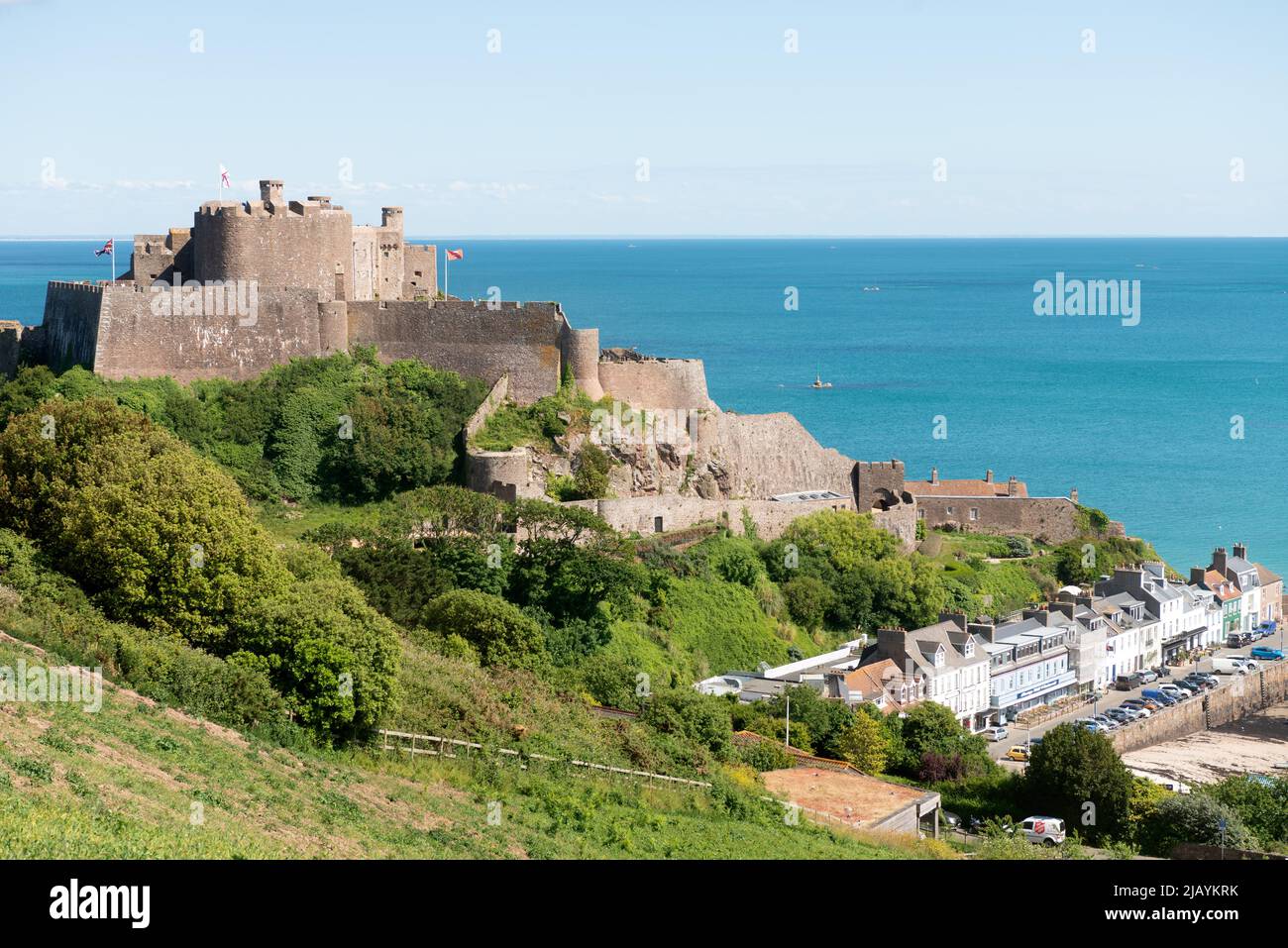 Mont Orgueil Castle (Gorey Castle), village and harbour Stock Photo - Alamy
