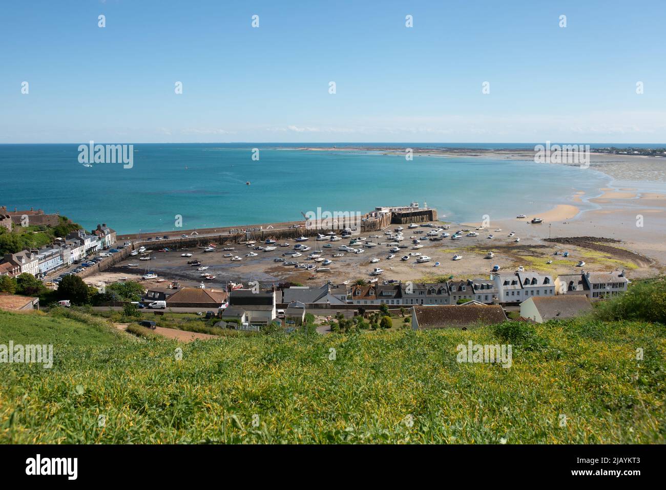 Mont Orgueil Castle (Gorey Castle), village and harbour Stock Photo - Alamy