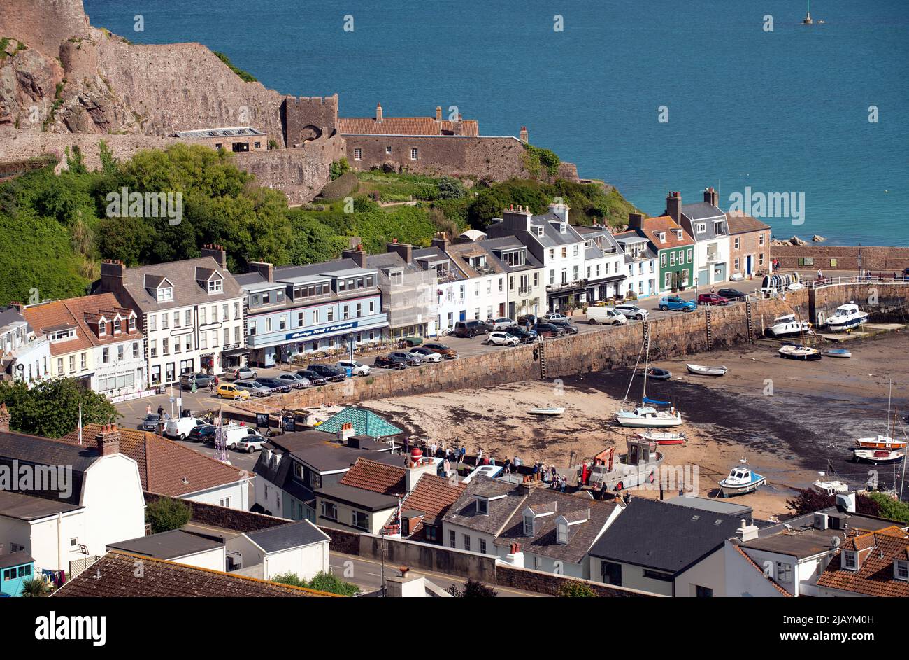 Mont Orgueil Castle (Gorey Castle), village and harbour Stock Photo - Alamy