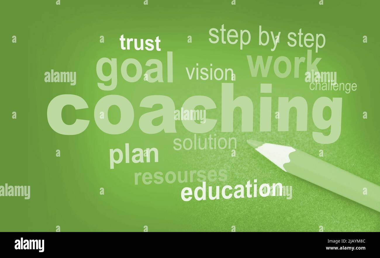 Coaching word cloud arrangement with yellow pencil besides. Coaching ...