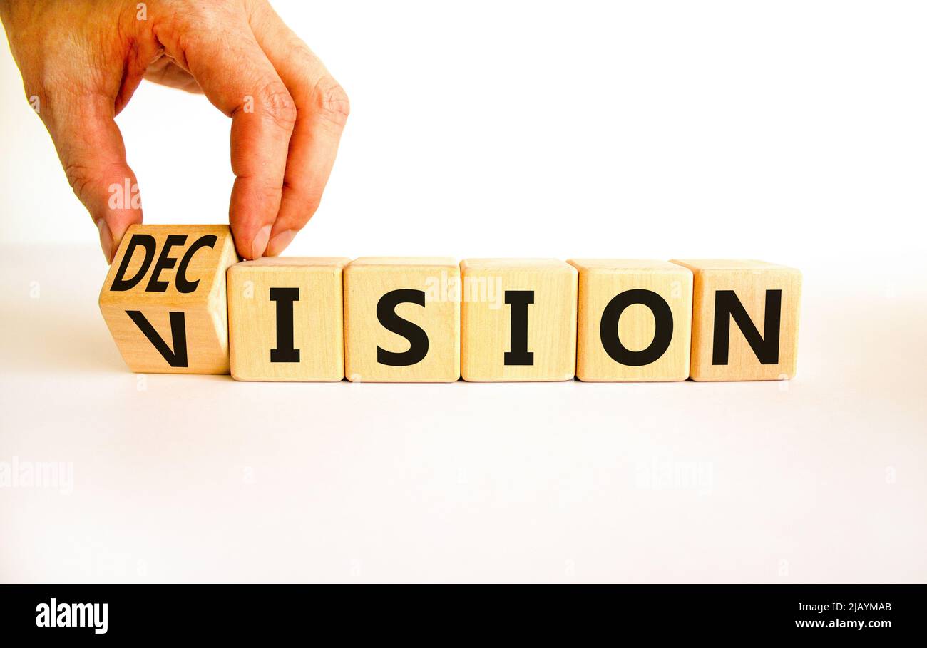 Vision and decision symbol. Businessman turns wooden cubes and changes ...