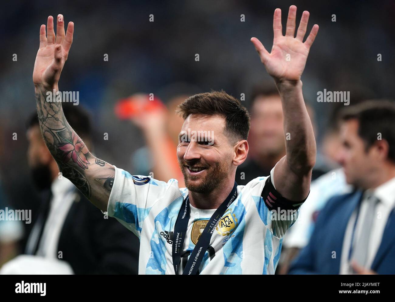 Argentina's Lionel Messi waves to the crowd after the Finalissima 2022 ...