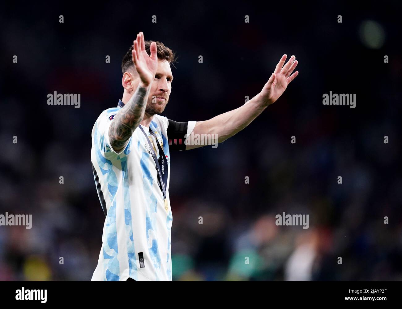 Argentina’s Lionel Messi acknowledges the fans after the Finalissima ...