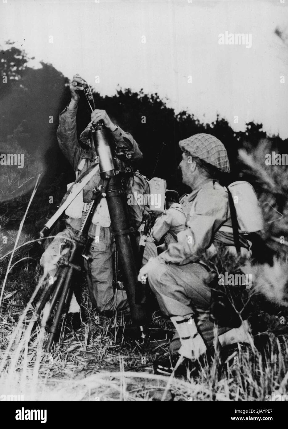 First bomb in the mortar has been assembled in its firing position and ...