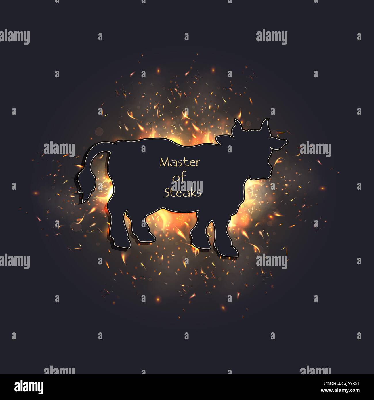 Bull on fire grill, cow as a blackboard on the barbecue menu raster ...