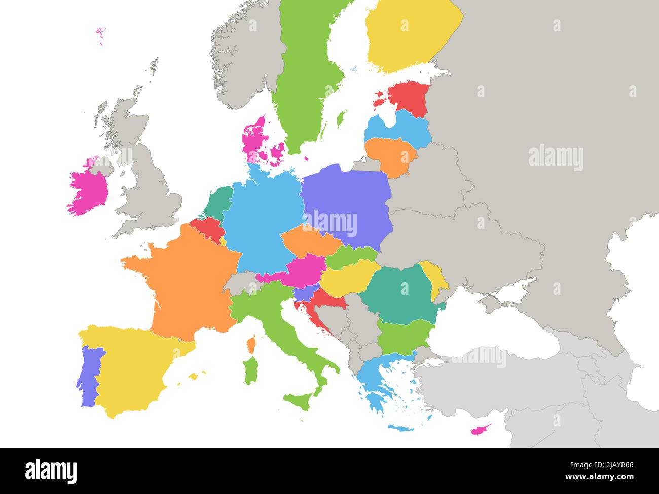 Europe with European Union and parts of Asia, multicolored map isolated ...