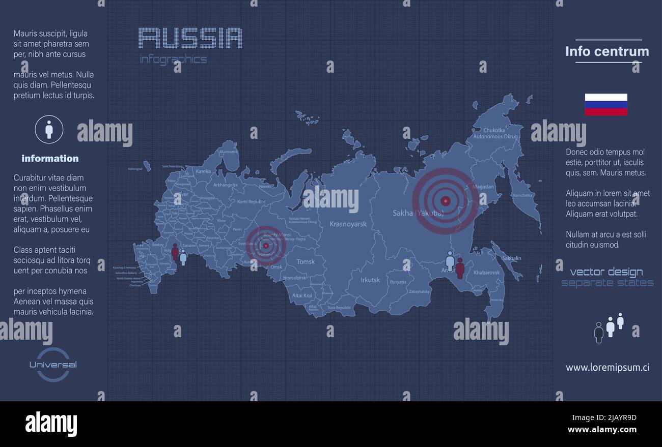 Russia map, separate regions with names, infographics blue flat design ...