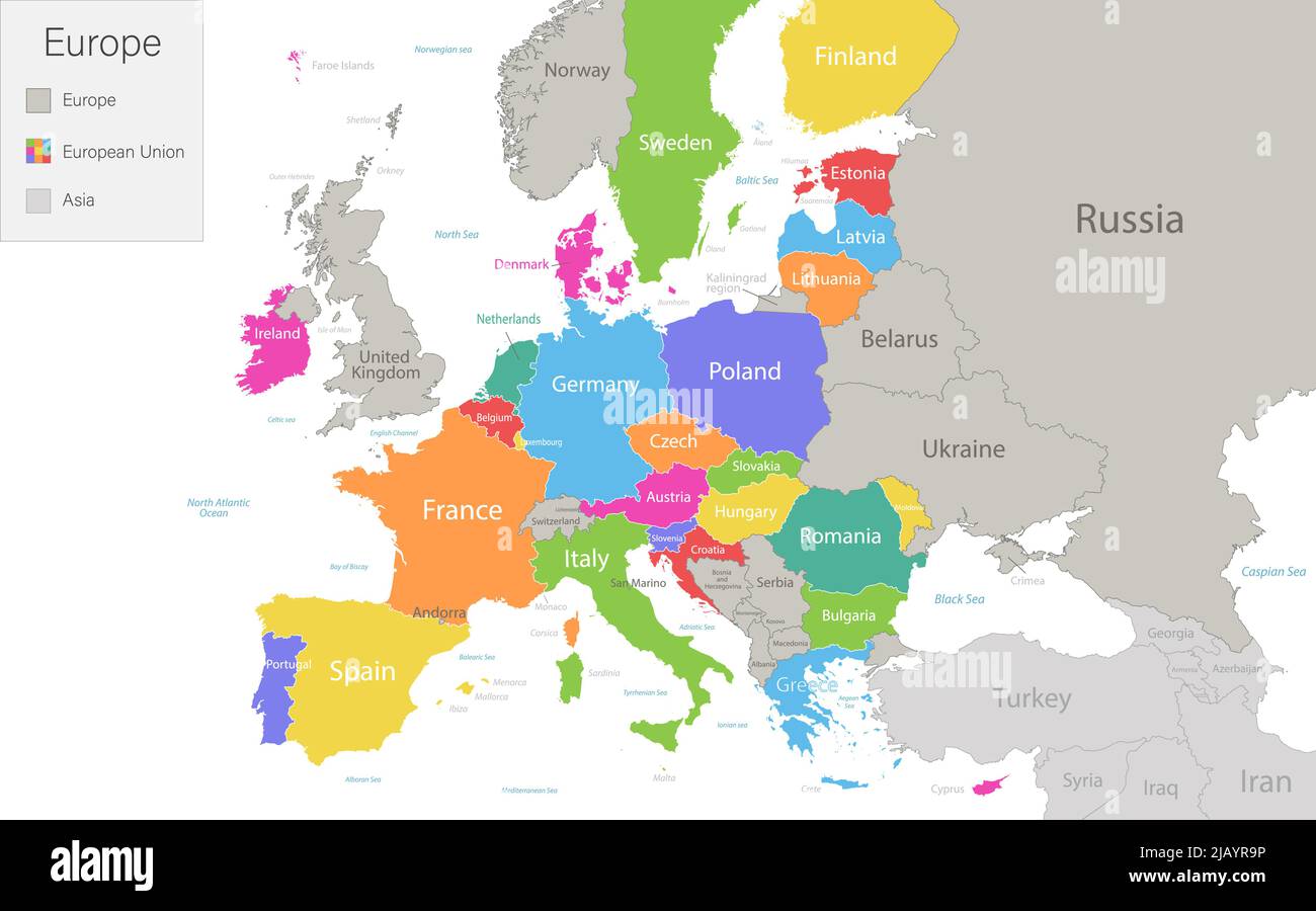 Europe with European Union and parts of Asia, multicolored map isolated ...