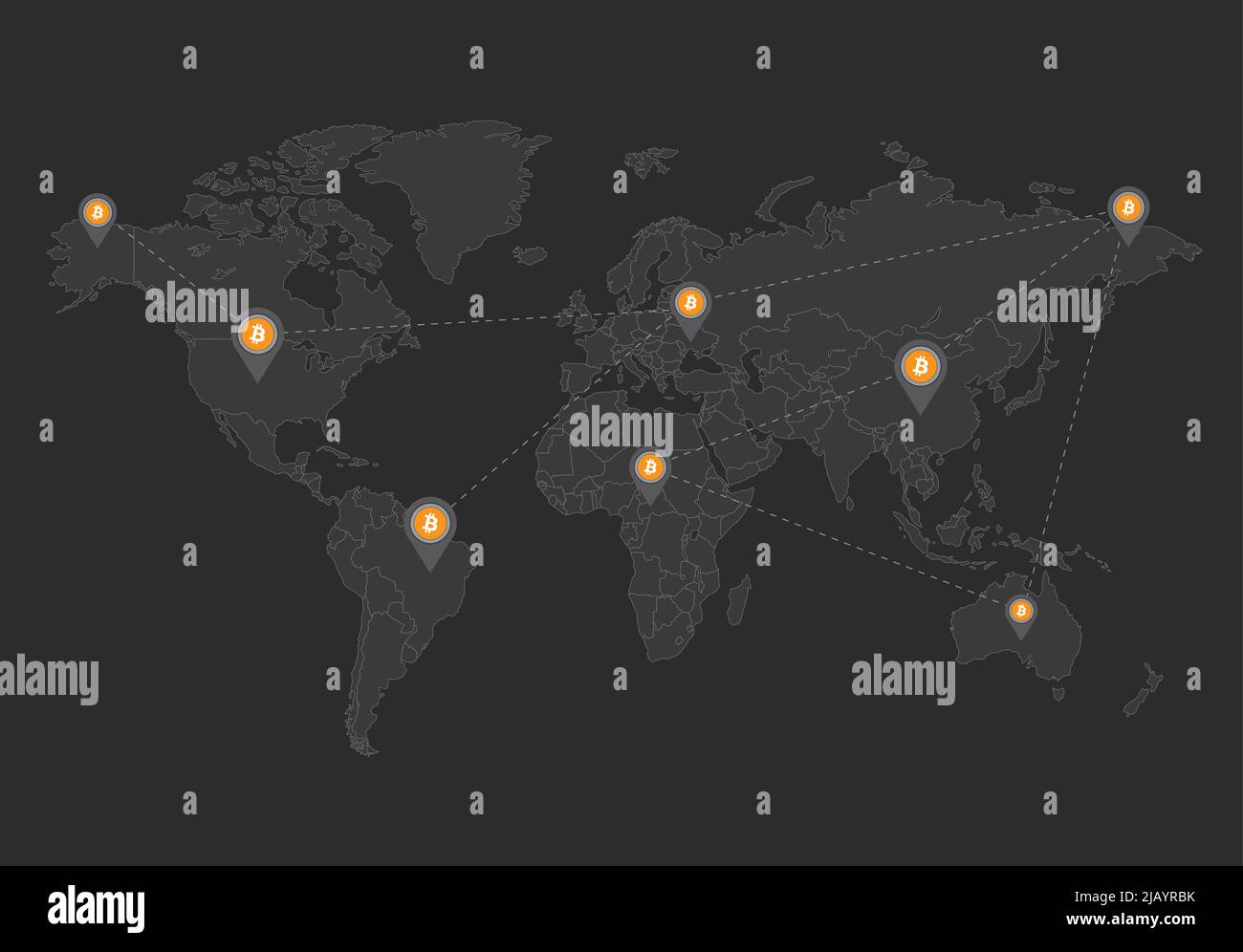 World map, bitcoin network and location pointer, design dark blackboard ...