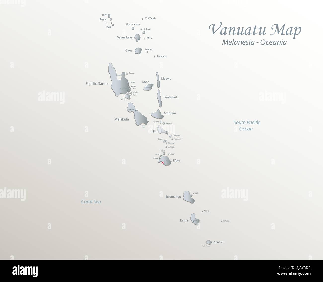 Vanuatu map, islands and city with names, white blue card paper 3D ...