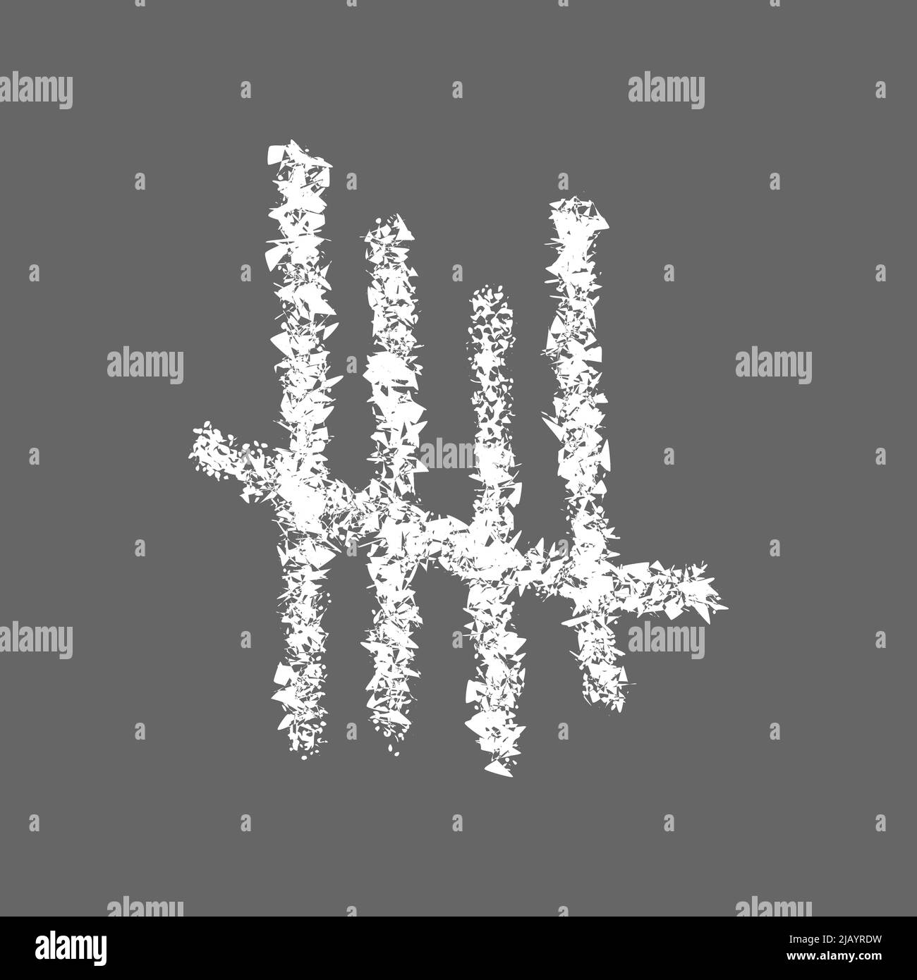 Chalk drawn tally mark on gray chalkboard background. Four white hand ...