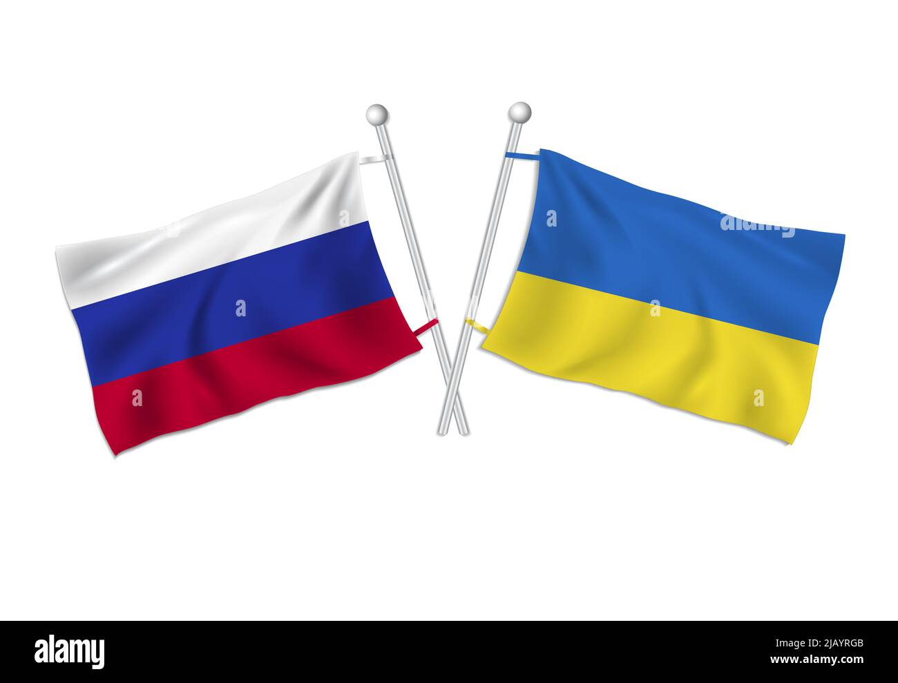 Russia and Ukraine flag waves on a flagpole, white background vector ...
