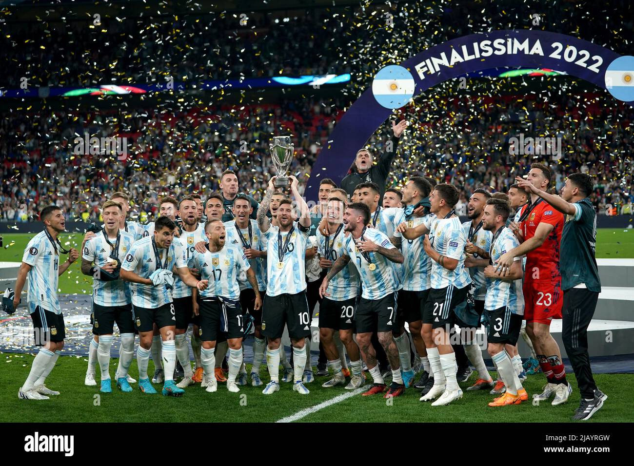 Argentina’s Lionel Messi lifts the Finalissima 2022 trophy after the ...