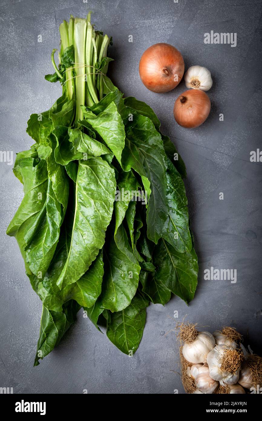 Fresh raw leaves of chard, leaf beets, mangold, swiss chard on a grey ...