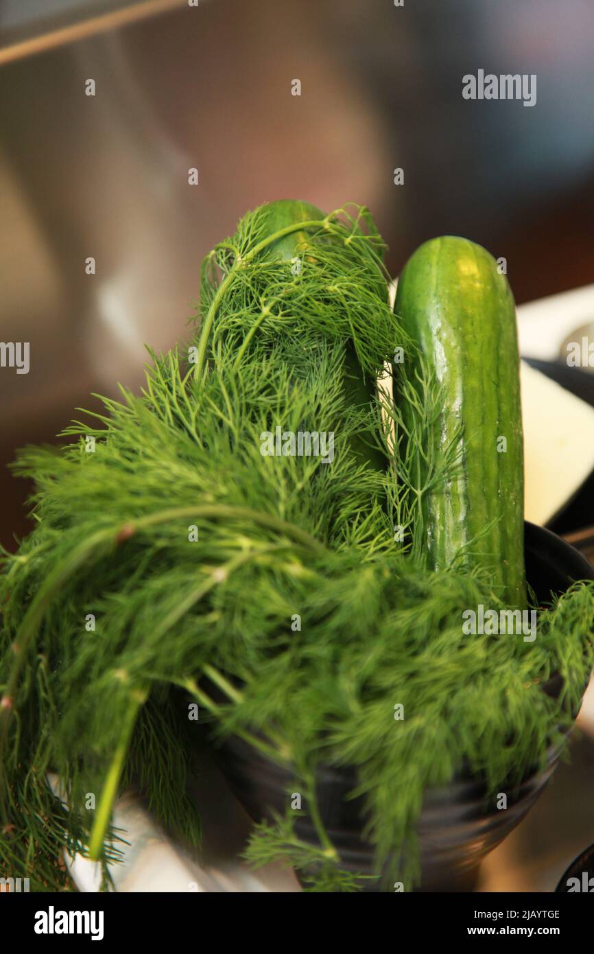 Dill grass and cucumber in a bowl Stock Photo - Alamy