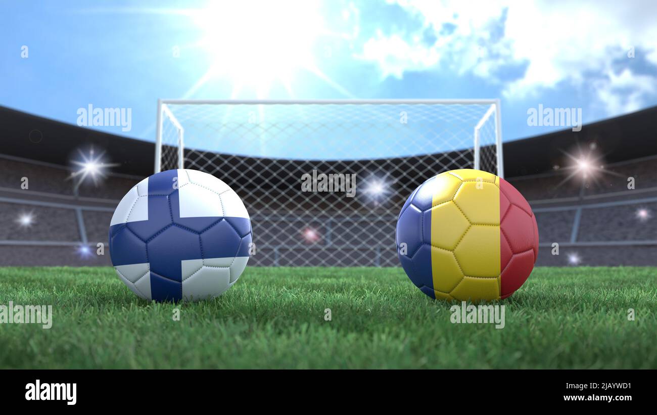 Two soccer balls in flags colors on stadium blurred background. Romania ...