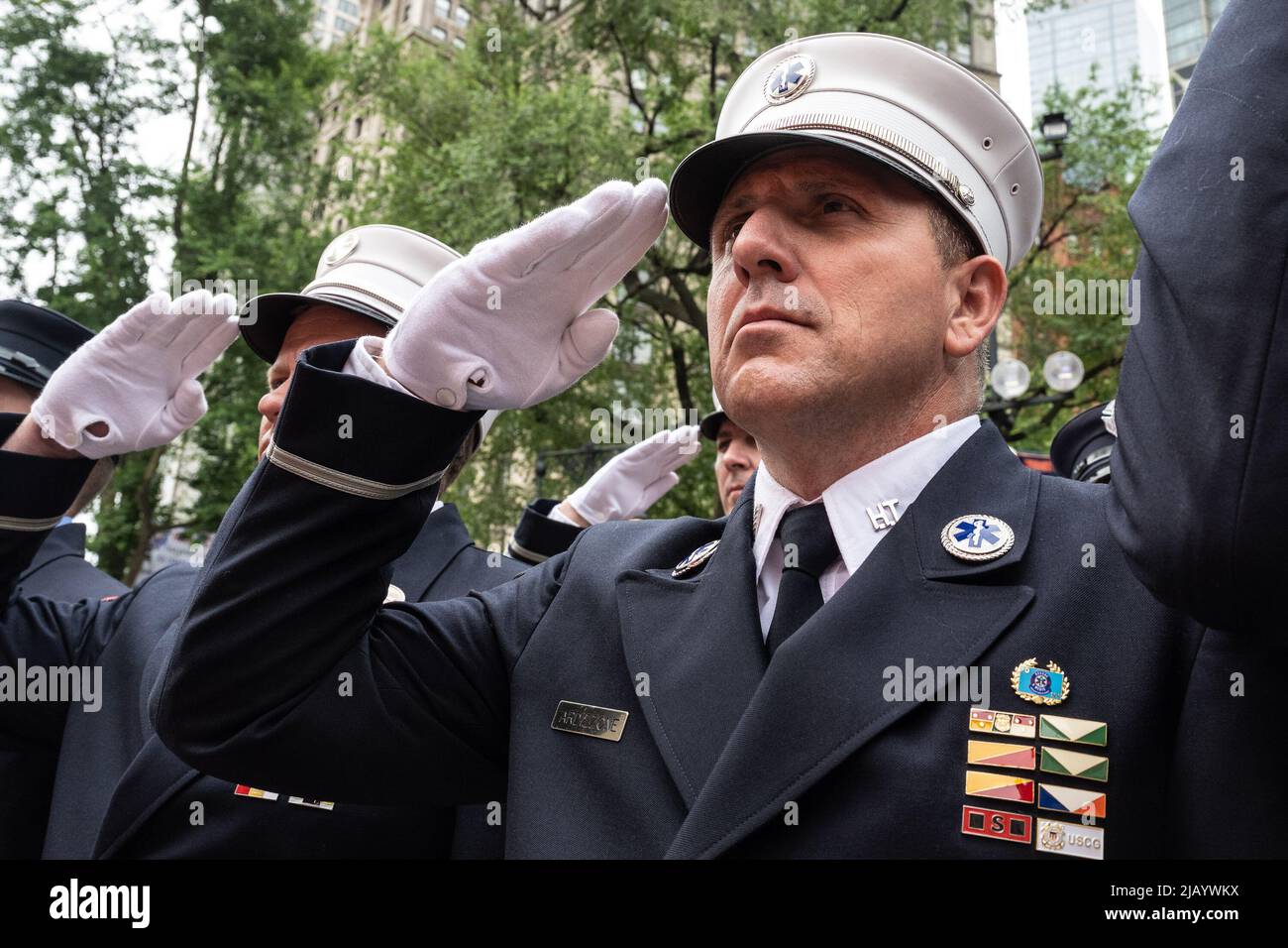 New York, USA. 01st June, 2022. Members of the FDNY stand in salute at ...