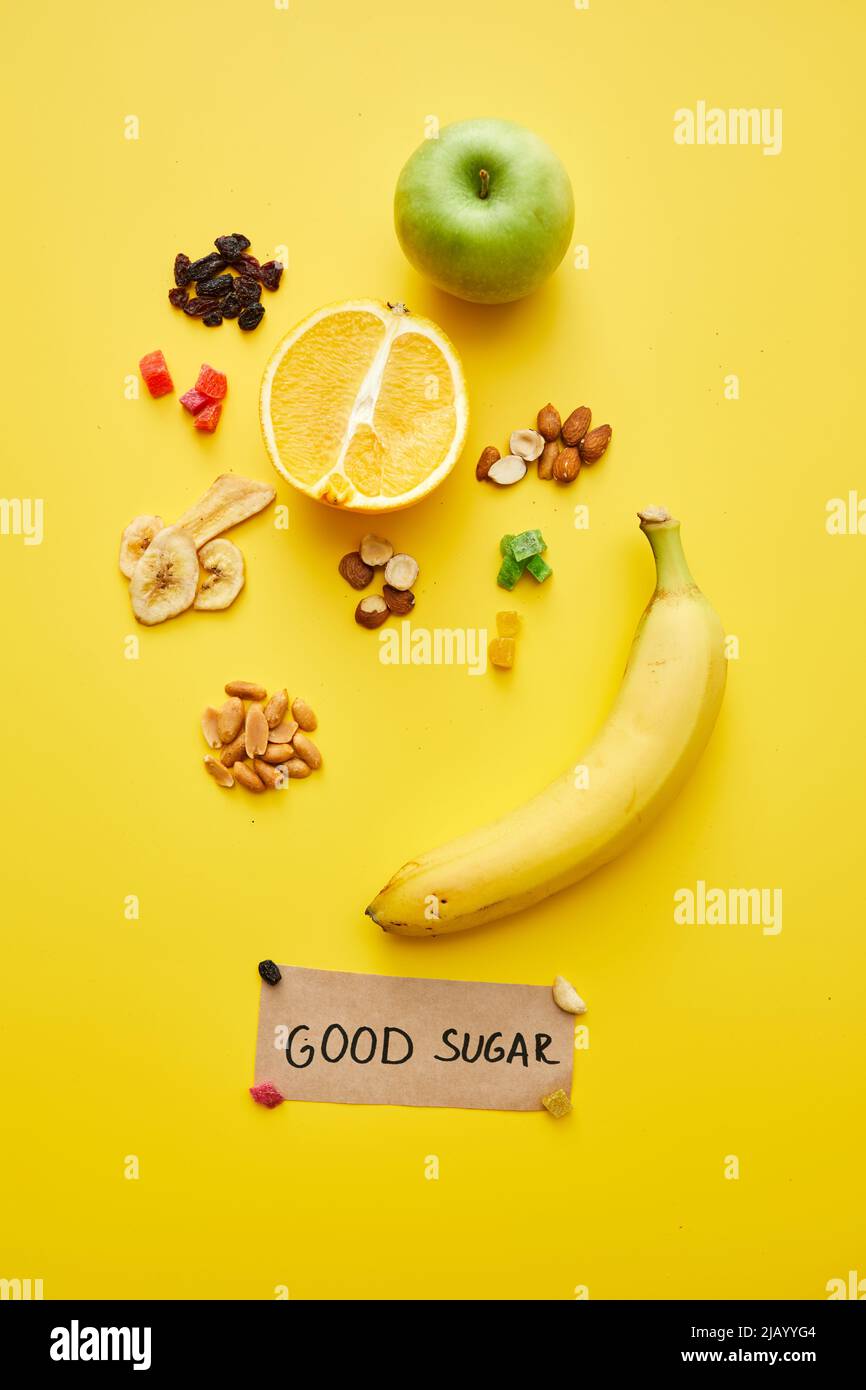 Examples of good sugar concept: directly above view of nuts, fresh and ...